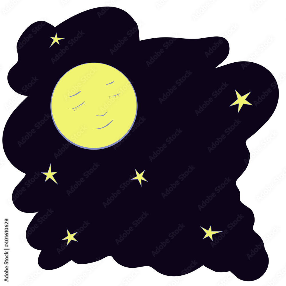 Moon and stars on night sky. Sleeping full moon cartoon. Vector night ...