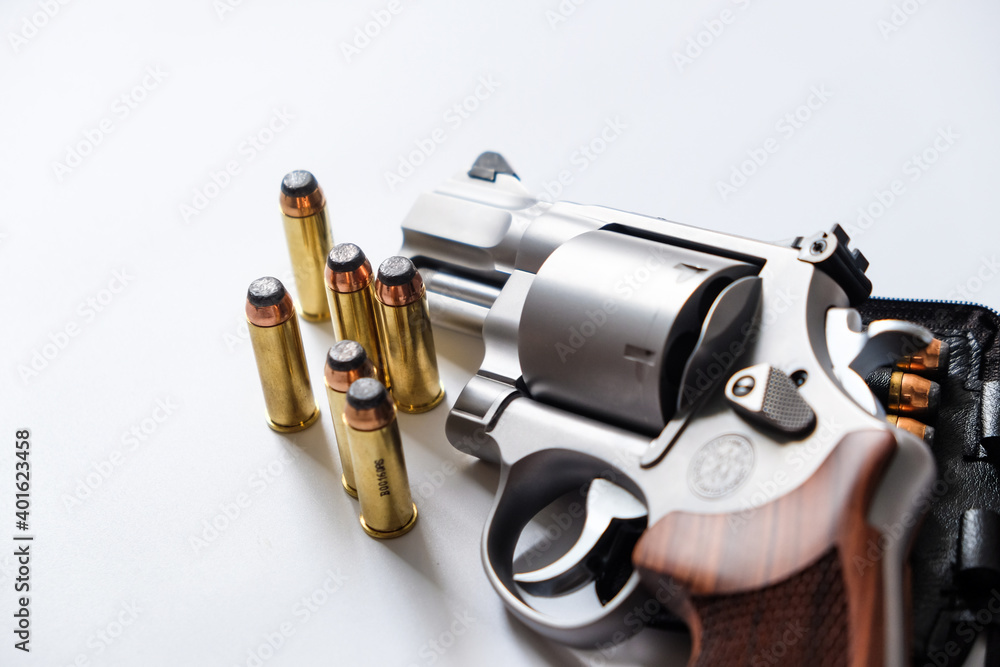 .44 magnum revolver gun with bullet on white background Stock Photo ...
