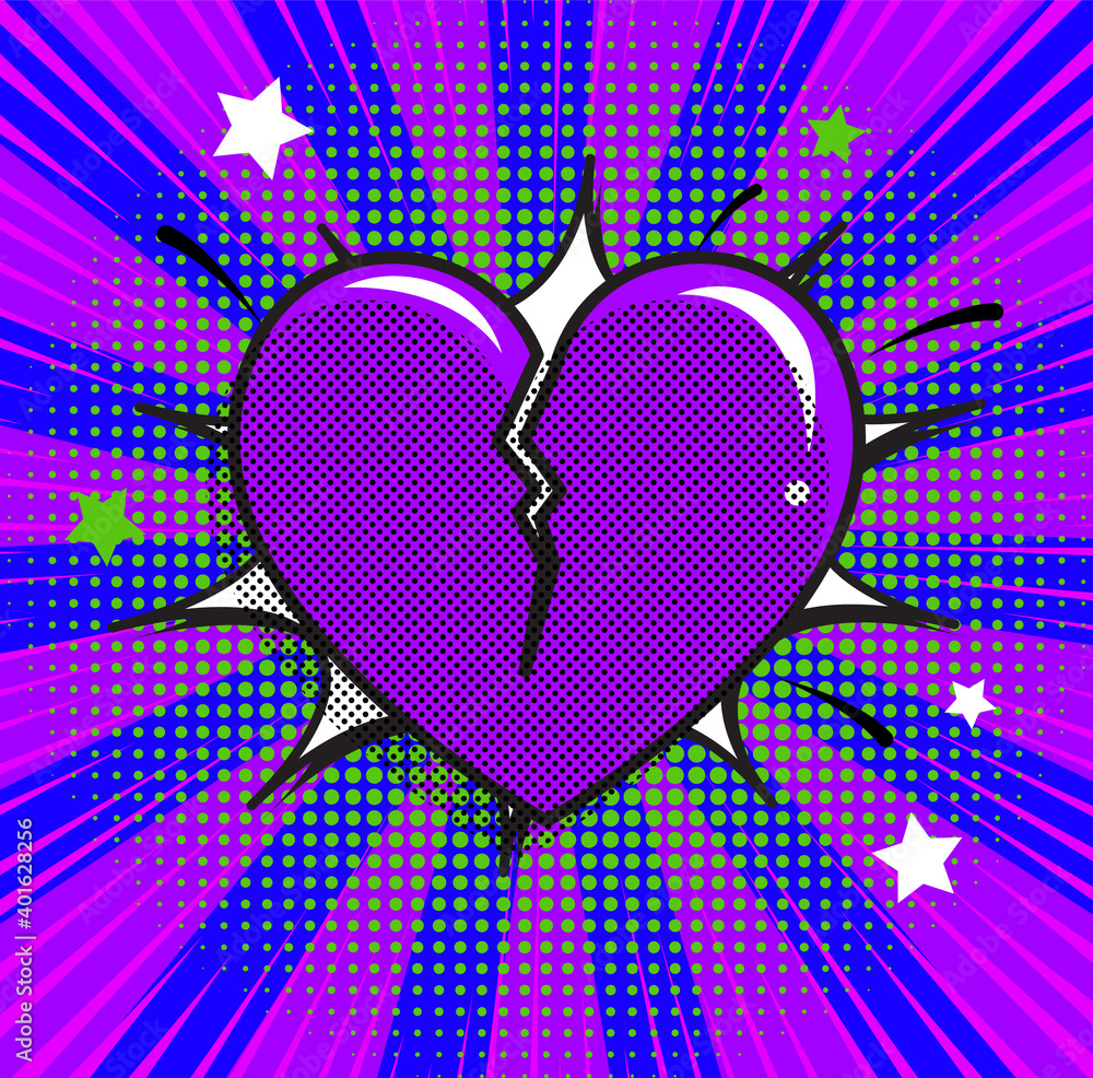 Heart vector illustration. Purple comics background with heart. For ...