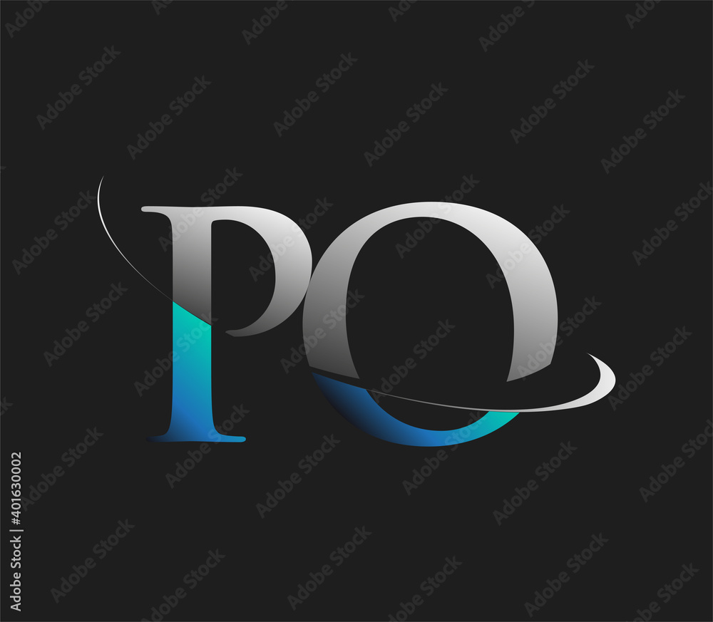 PO initial logo company name colored blue and white swoosh design ...