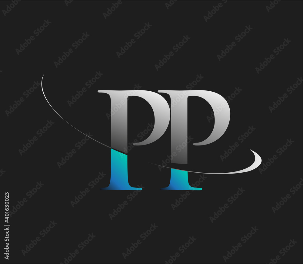 PP initial logo company name colored blue and white swoosh design ...