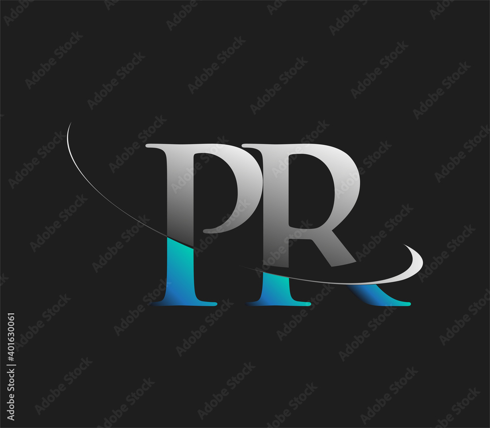 PR initial logo company name colored blue and white swoosh design ...