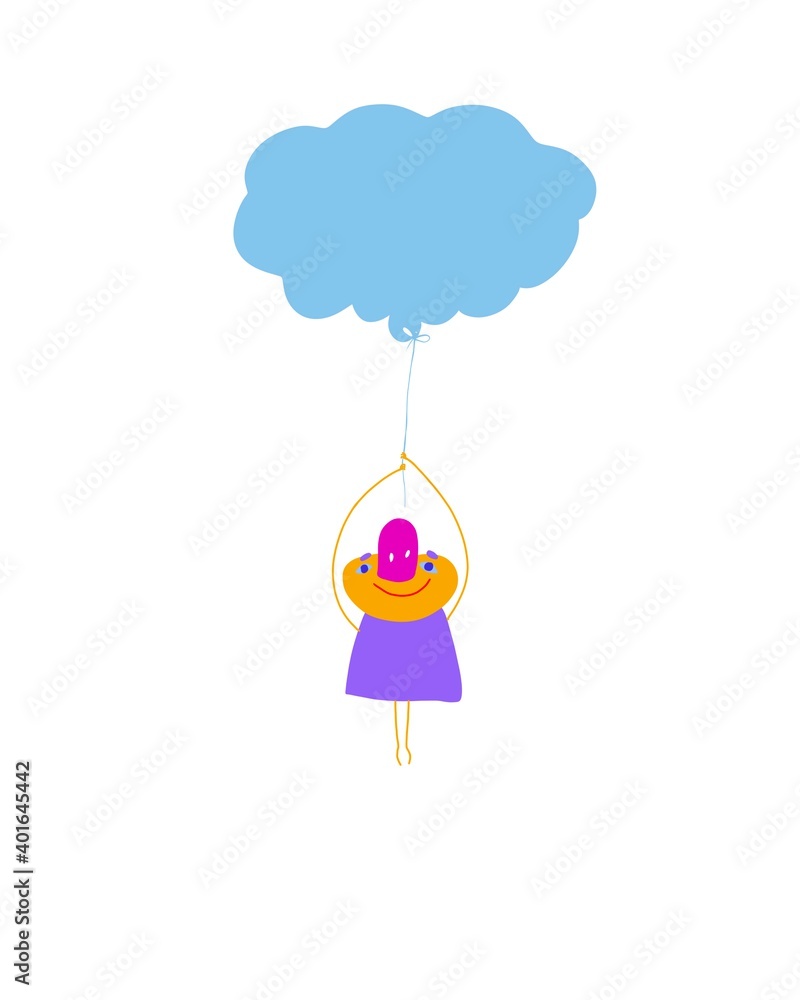 Disegno per bambini cartolina compleanno. Una bambina vola con ...