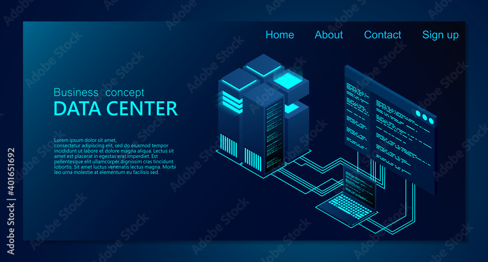 Concept of big data processing center. Isometric Data center. Isometric ...