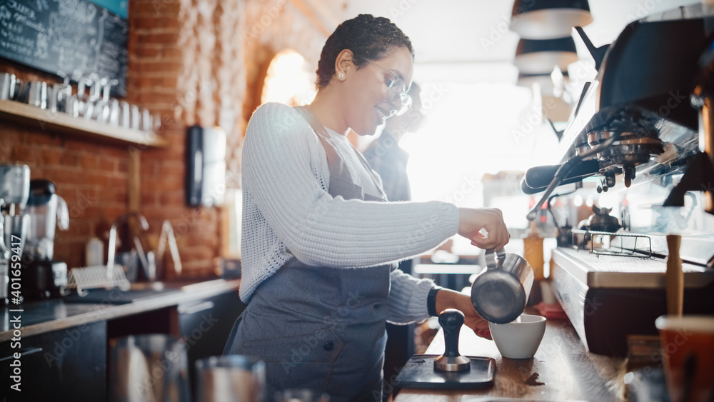 Beautiful and Happy Latin American Female Barista with Short Hair and ...