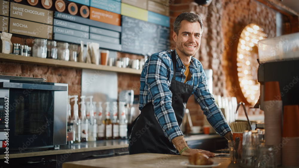 Handsome Barista in Checkered Shirt and Black Apron is Making a Cup of ...