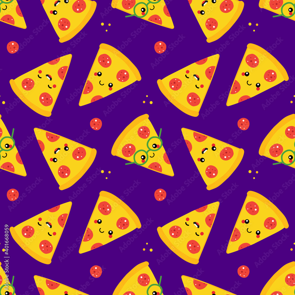 Cute cartoon style pepperoni pizza slice characters vector seamless ...