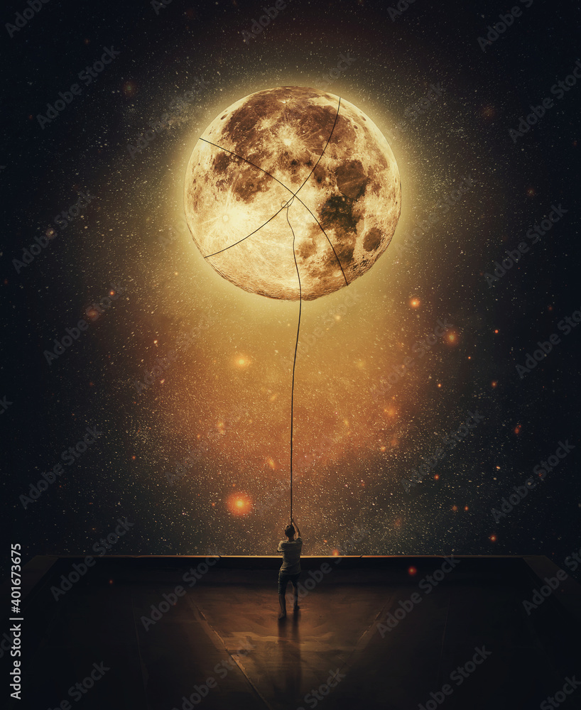 Surreal scene with a person stealing moon from the night sky ...