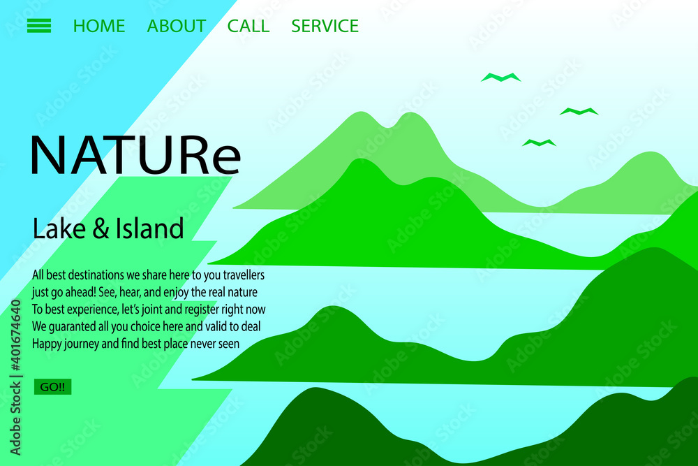 Nature landing page with mountain and blue sea. For web template, UI ...