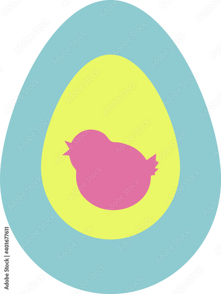 Pastel colored flat easter egg, blue with yellow yolk and a red chicken ...
