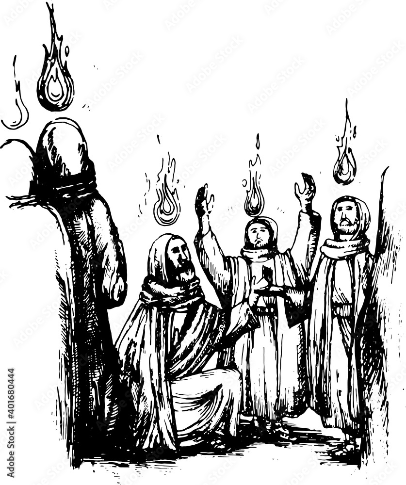 tongues of fire, rushing wind, Pentecost. Vector image. book ...