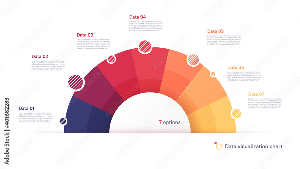 Vector pie chart infographic template in the form of semicircle divided ...