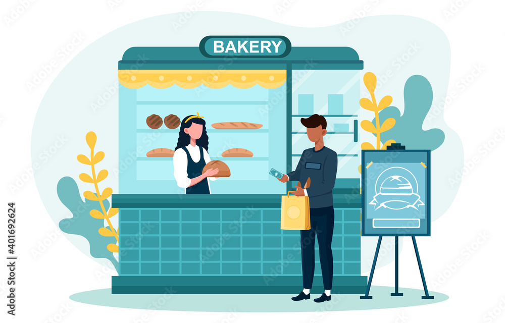 Male customer buying fresh bread in a small bakery. Concept of people ...