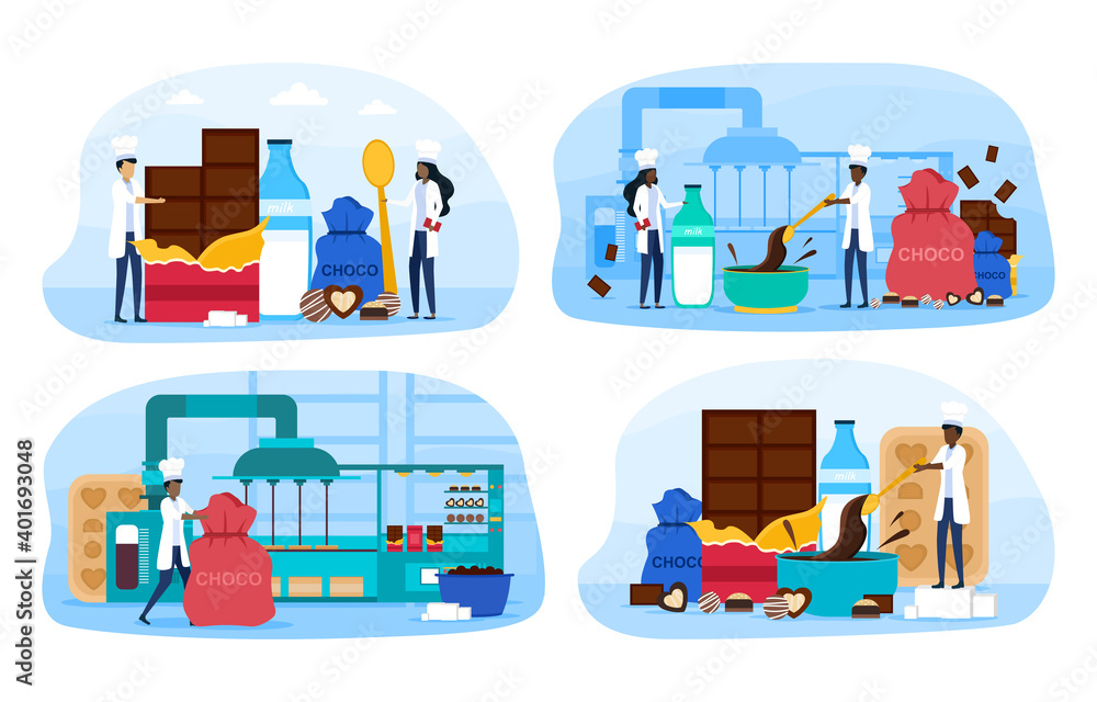 Set of stages of chocolate cooking. Concept of chocolate production at ...