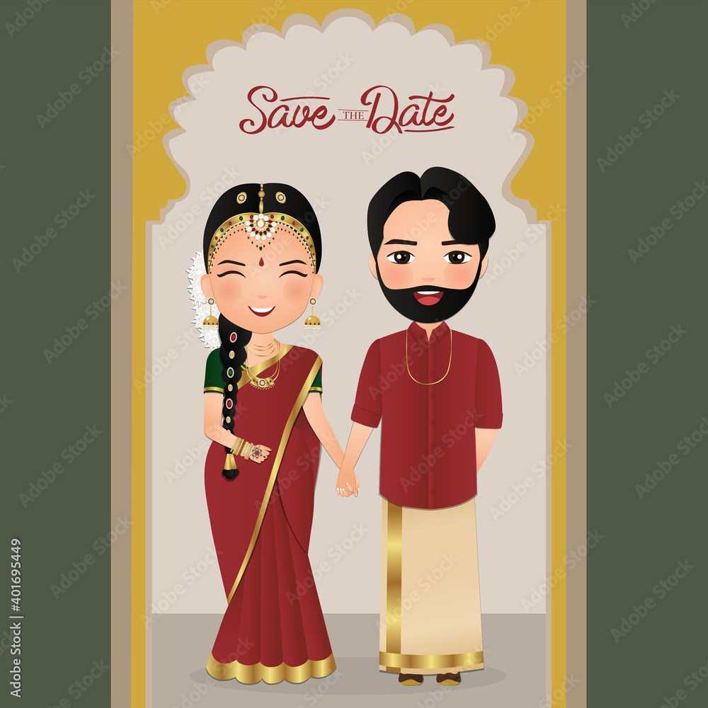 Cute couple in traditional indian dress cartoon character.Romantic ...