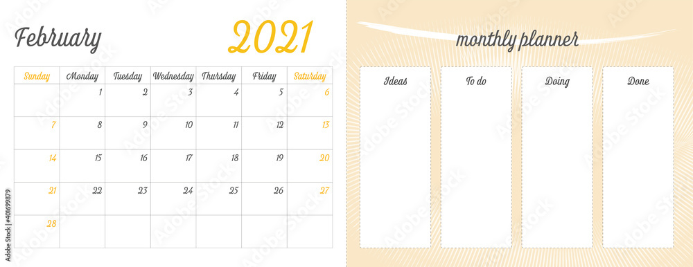 February 2021 Full Monthly Planner: February Calendar on the Left Side ...
