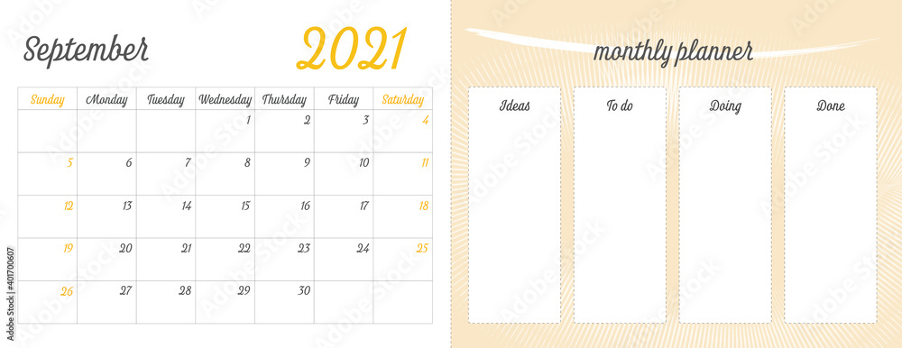 September 2021 Full Monthly Planner: September Calendar on the Left ...