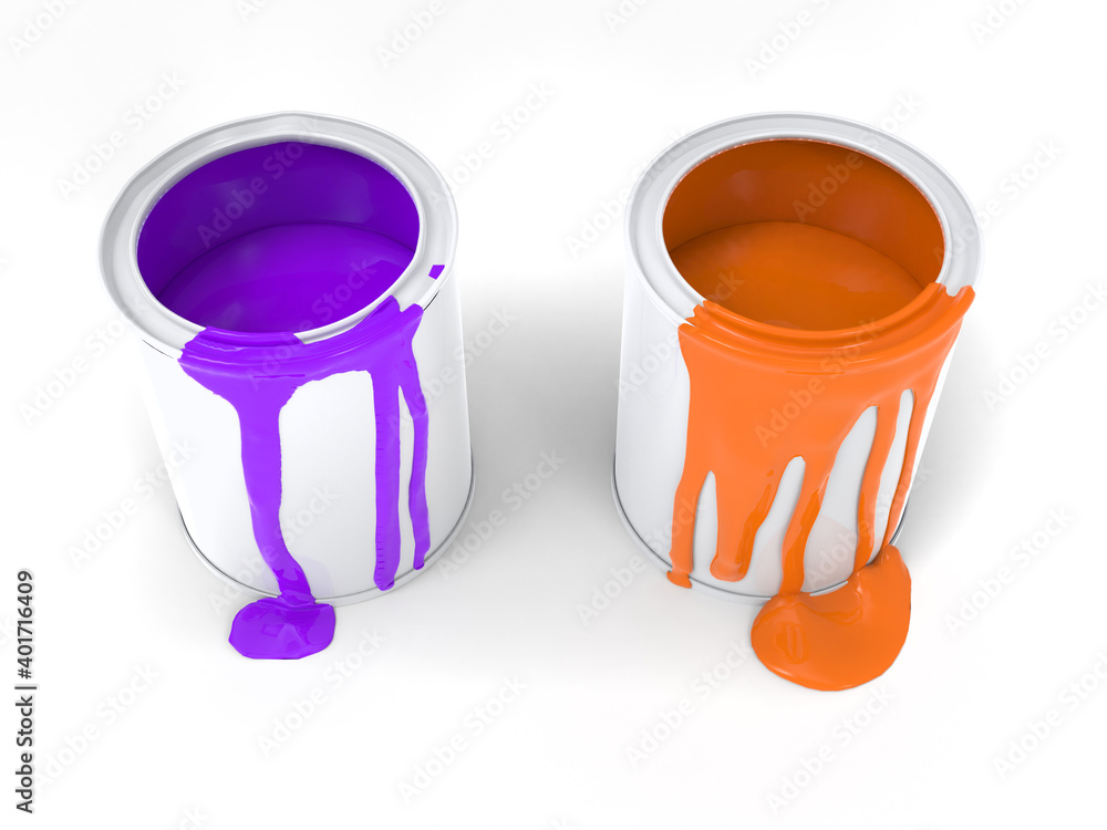 Purple and orange paint dripping from the sides of paint cans Stock ...