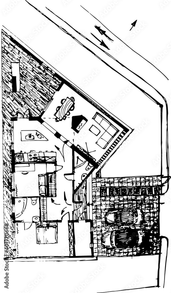 sketchy 2d floor plan of a residential house. freehand architectural ...