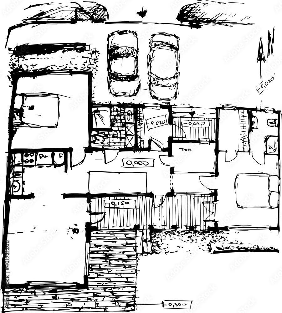 sketchy 2d floor plan of a residential house. one-story country house ...
