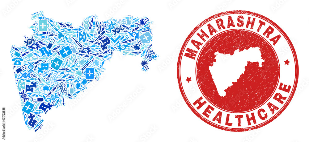Vector mosaic Maharashtra State map of dose icons, labs symbols, and ...