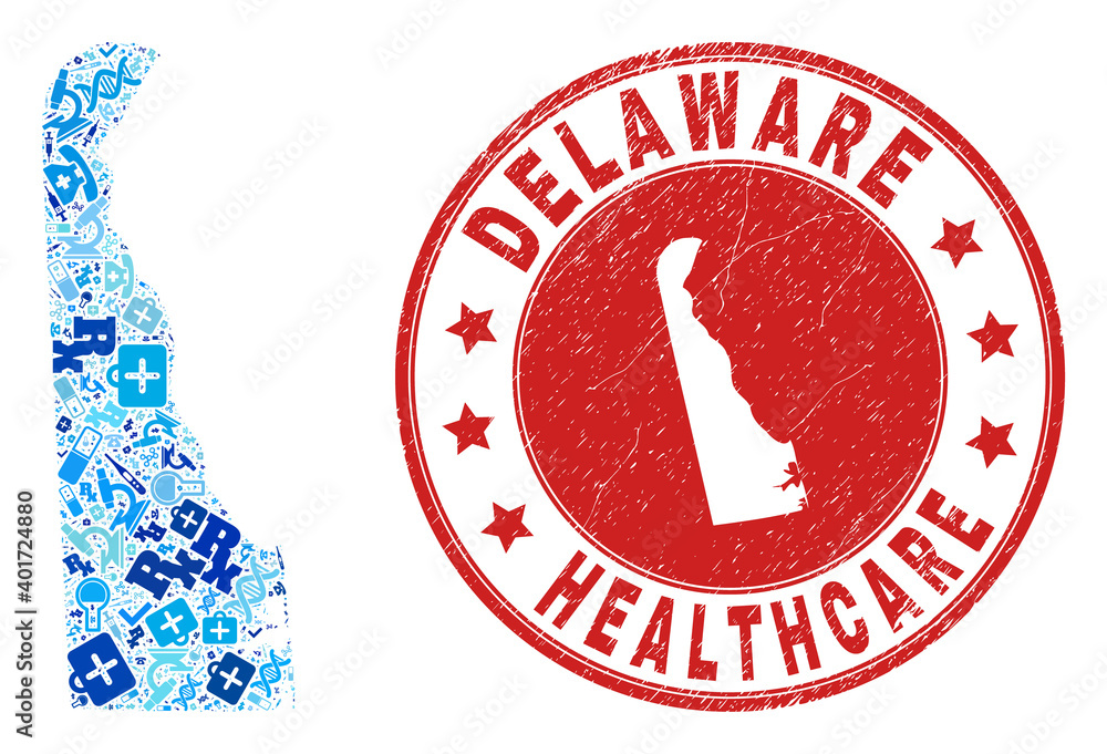 Vetor do Stock: Vector mosaic Delaware State map with medical icons ...