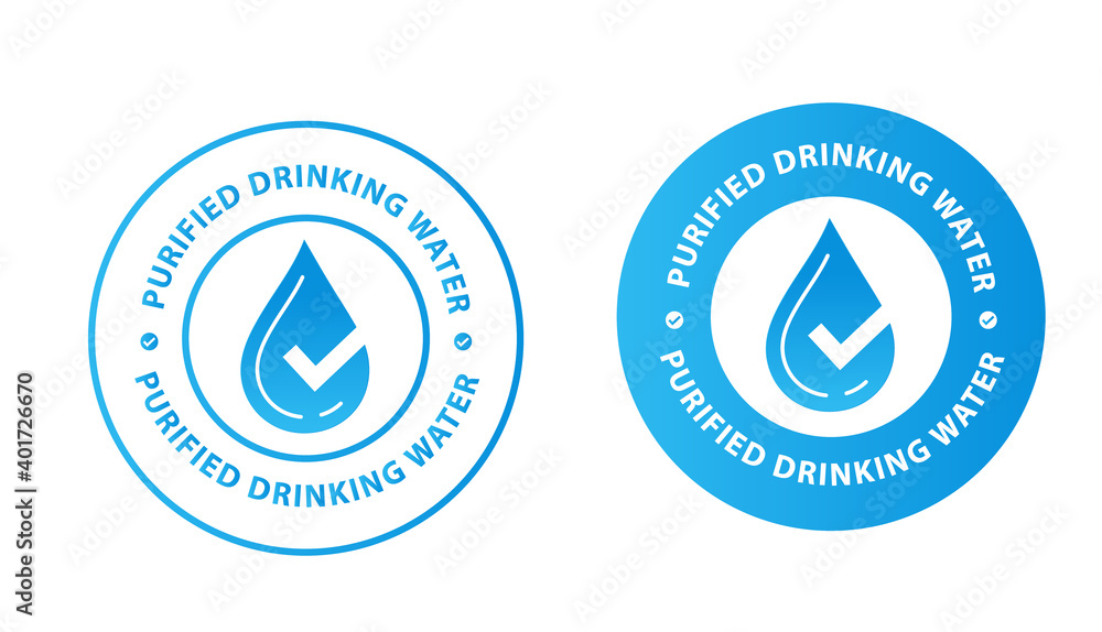 purified drinking water vector, product label icon with water drop and ...