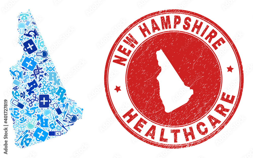 Vector collage New Hampshire State map with treatment icons, test ...