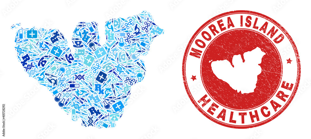 Vector collage Moorea Island map with vaccination icons, hospital ...