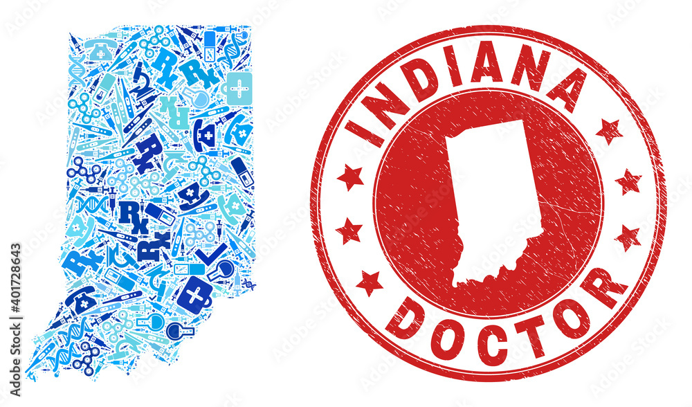 Vector mosaic Indiana State map with vaccination icons, receipt symbols ...