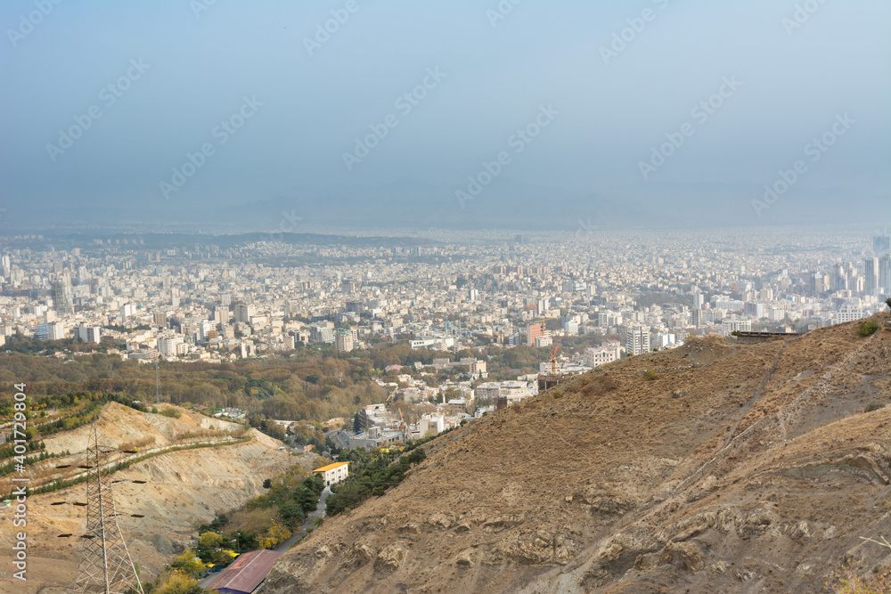City view of Tehran City with dust and mist and modern buildings, Iran ...