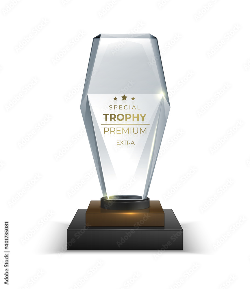 Crystal glass trophy. Realistic award. 3D transparent prize with golden ...