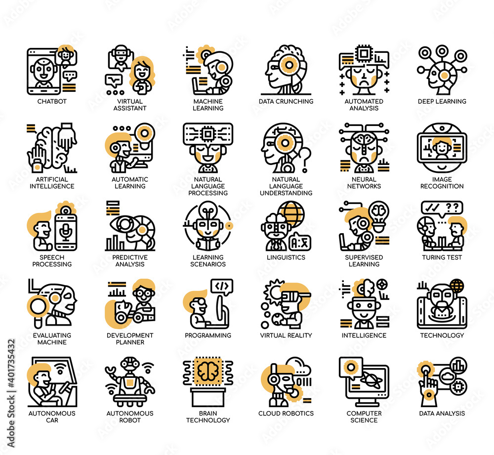Set of Artificial Intelligence thin line and pixel perfect icons for ...