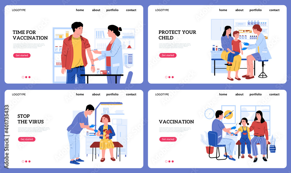 Vetor de Vaccination landing page. Cartoon people get injections of ...