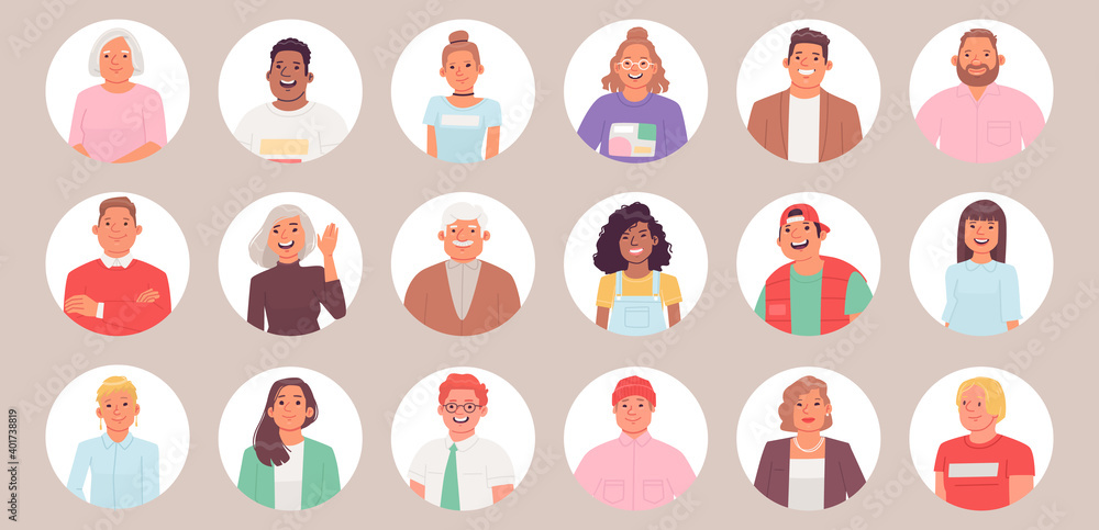 Collection of avatars. A set of portraits of people in a round frame ...