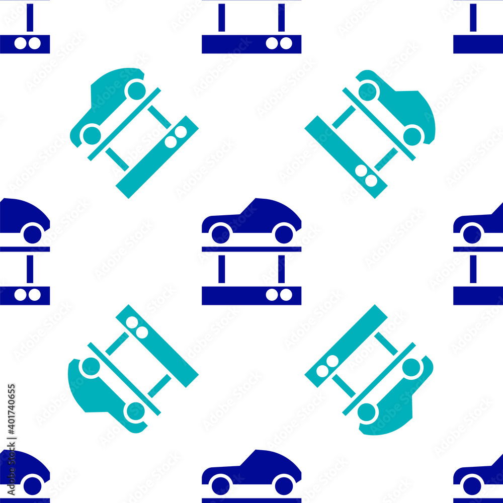 Blue Repair car on a lift icon isolated seamless pattern on white ...