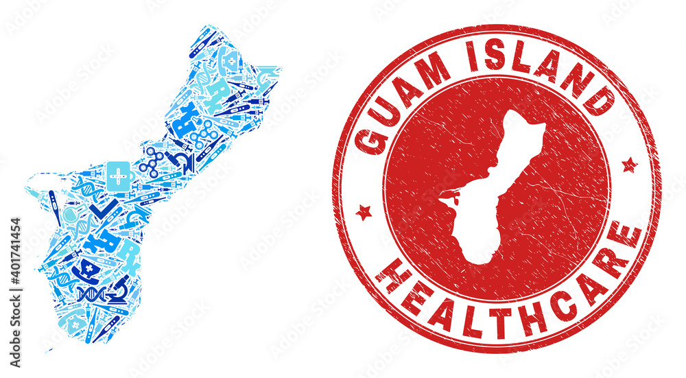 Vector collage Guam Island map with injection icons, analysis symbols ...