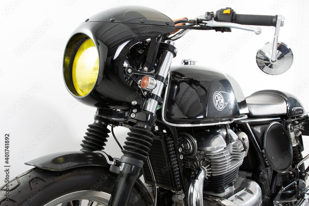 Royal Enfield gt Interceptor 650 twin motorbike front view with sign ...