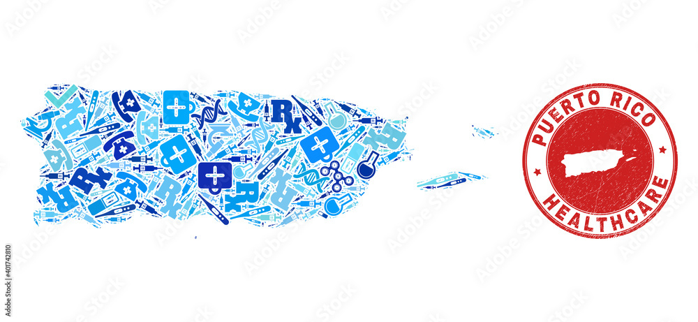 Vector mosaic Puerto Rico map with healthcare icons, analysis symbols ...