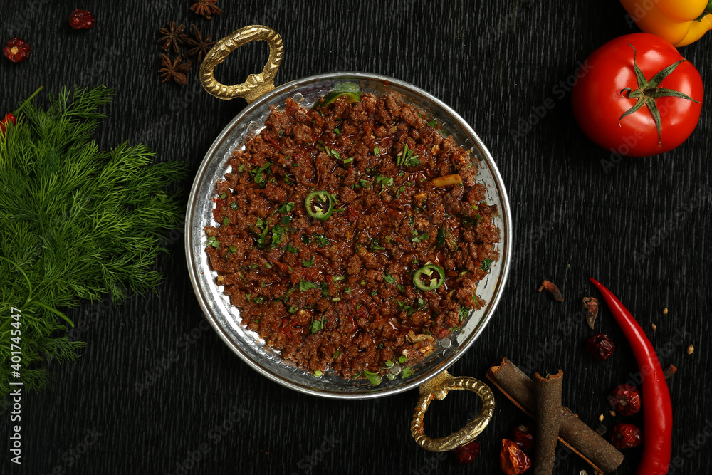 delicious cooked fried traditional minced beef keema fry North Indian ...
