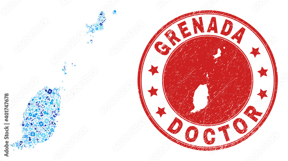 Vector mosaic Grenada map with healthcare icons, analysis symbols, and ...