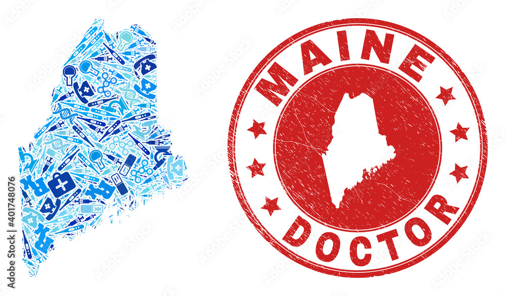 Vecteur Stock Vector collage Maine State map with dose icons, labs ...