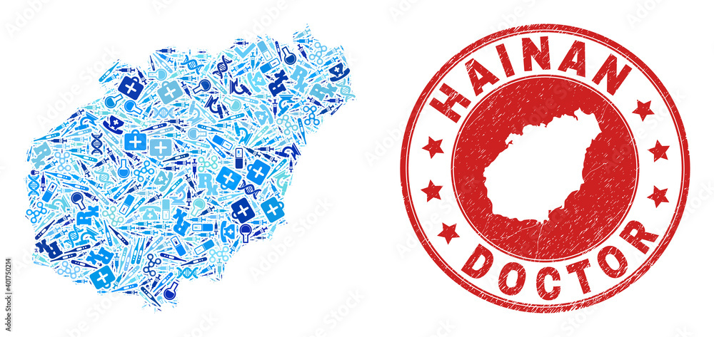 Vector collage Hainan map with treatment icons, hospital symbols, and ...
