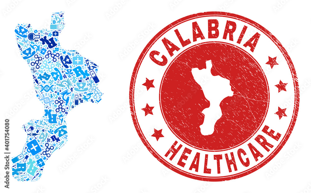 Vector collage Calabria region map with syringe icons, chemical symbols ...