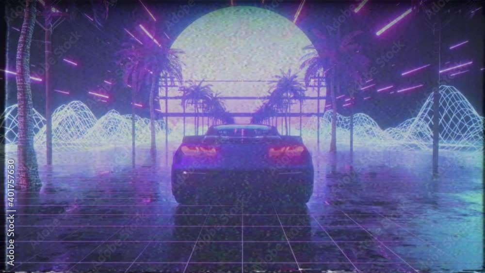 80s retro background 3d animation with VHS effect. Futuristic car drive ...