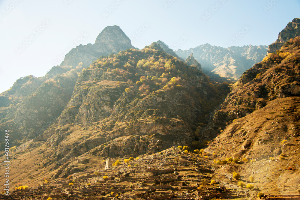 Autumn in Cherekskoe gorge, ancient watchtower of the Abayev princes ...