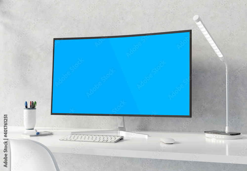 Curved monitor on white desktop and concrete interior mockup 3D ...