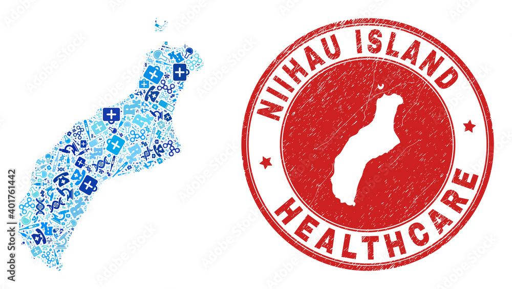Vector collage Niihau Island map with vaccine icons, receipt symbols ...