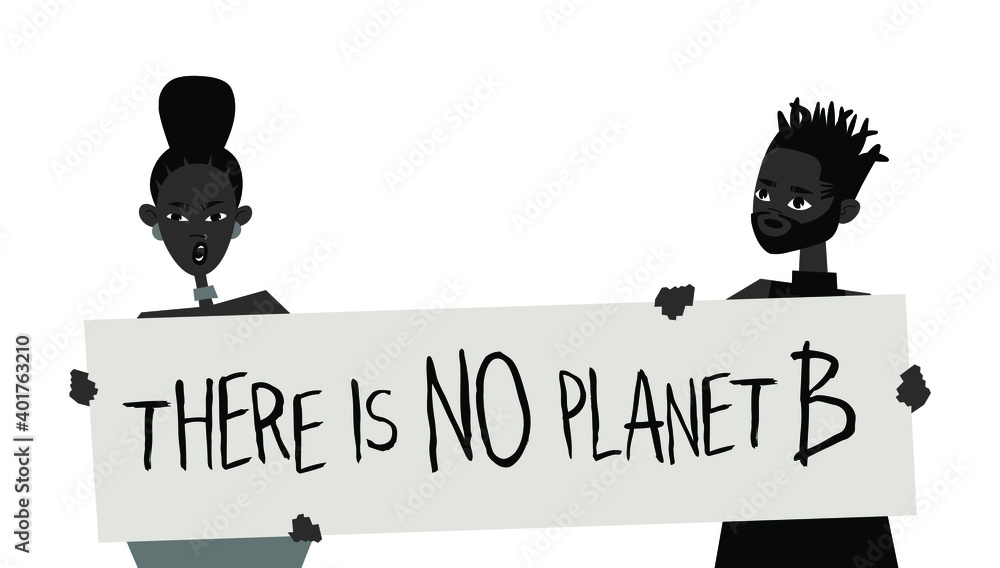 Young Black Character with Poster. Cartoon Style People and Ecology ...