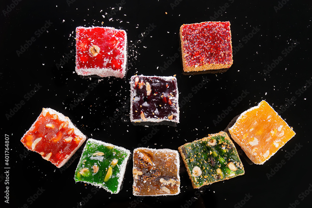 Colorful traditional oriental sweets Turkish delight (rahat locum) flat ...